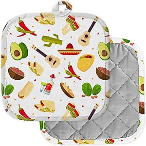 [Pack of 2] Pot Holders for Kitchen, Washable Heat Resistant Pot Holders, Hot Pads, Trivet for Cooking and Baking ( Aztec Theme Cartoon Mexican Food )