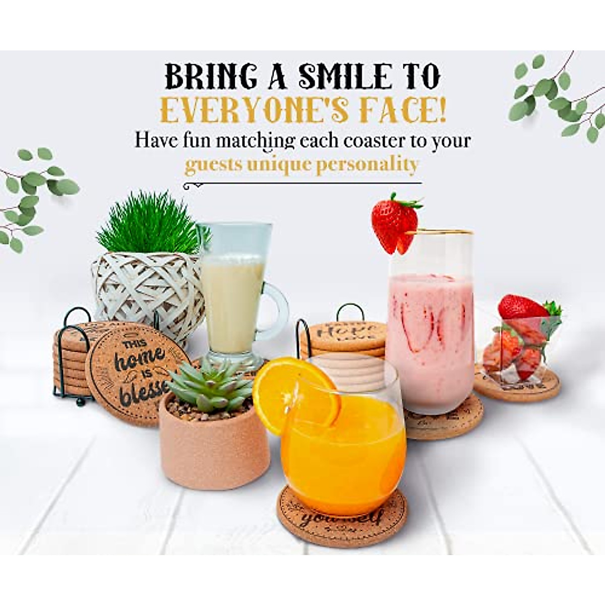 Coasterlux Cork Coasters for Drinks Absorbent with Holder - Cute & Funny Set of 8 Large Round Outdoor Cup Coasters for Wooden Table Protection, Coffee Trivet, Cups and Mugs - Cool Drink Coaster Gift