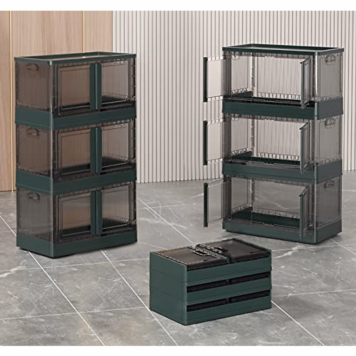 Sineda 3 Pack Plastic Storage Bins with Lids, 19 Gallon Collapsible Storage Bins with Wheels and Door, Stackable Storage Bins and Storage Bins for Closet Organizer. (19 Gal - 3 Pack, Green)