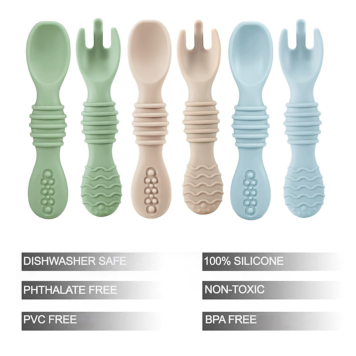 PandaEar 6 Pack Silicone Baby Spoons & Forks | Baby Feeding Set Self Feeding Utensils, Toddler Infant Feeding Spoon Forks BPA Free First Stage