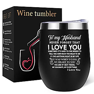 HAINANBOY Gift for Husband Wine Tumbler Anniversary Birthday Gift for Him, with Lid Stemless Double Wall Stainless Steel 12 oz Wine Glasses - Black Tumbler Present for Husband from Wife