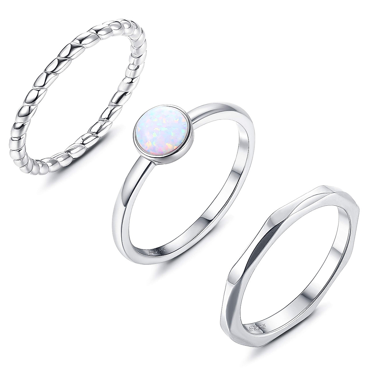 MILACOLATO S925 Sterling Silver Stackable Rings Set for Women Men 18K White Gold Plated Opal Hammered Twisted Thumb Rings High Polished Pinky Knuckle Finger Rings Wedding Band Rings Comfort Fit Size 8