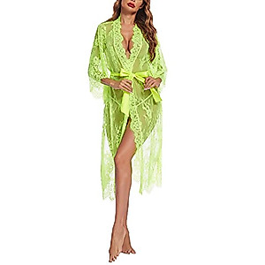 Avidlove Women Sexy Long Lace Lingerie Kimono Robe Sheer Babydoll Nightgown Nightdress Lemon Yellow