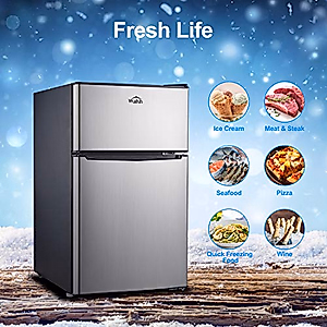 Walsh Compact Retro Refrigerator, Dual Door Mini Fridge, Energy Efficient, Adjustable Mechanical Thermostat with Freezer, Reversible Doors with leveling Front Legs, 3.1 Cu Ft, Stainless Steel