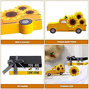 5 Pieces Spring Farmhouse Tiered Tray Decor Items Rustic Wooden Mini Truck Bundle Books Stack Sign for Spring Home Harvest Table Shelf Decorations (Sunflower Style)