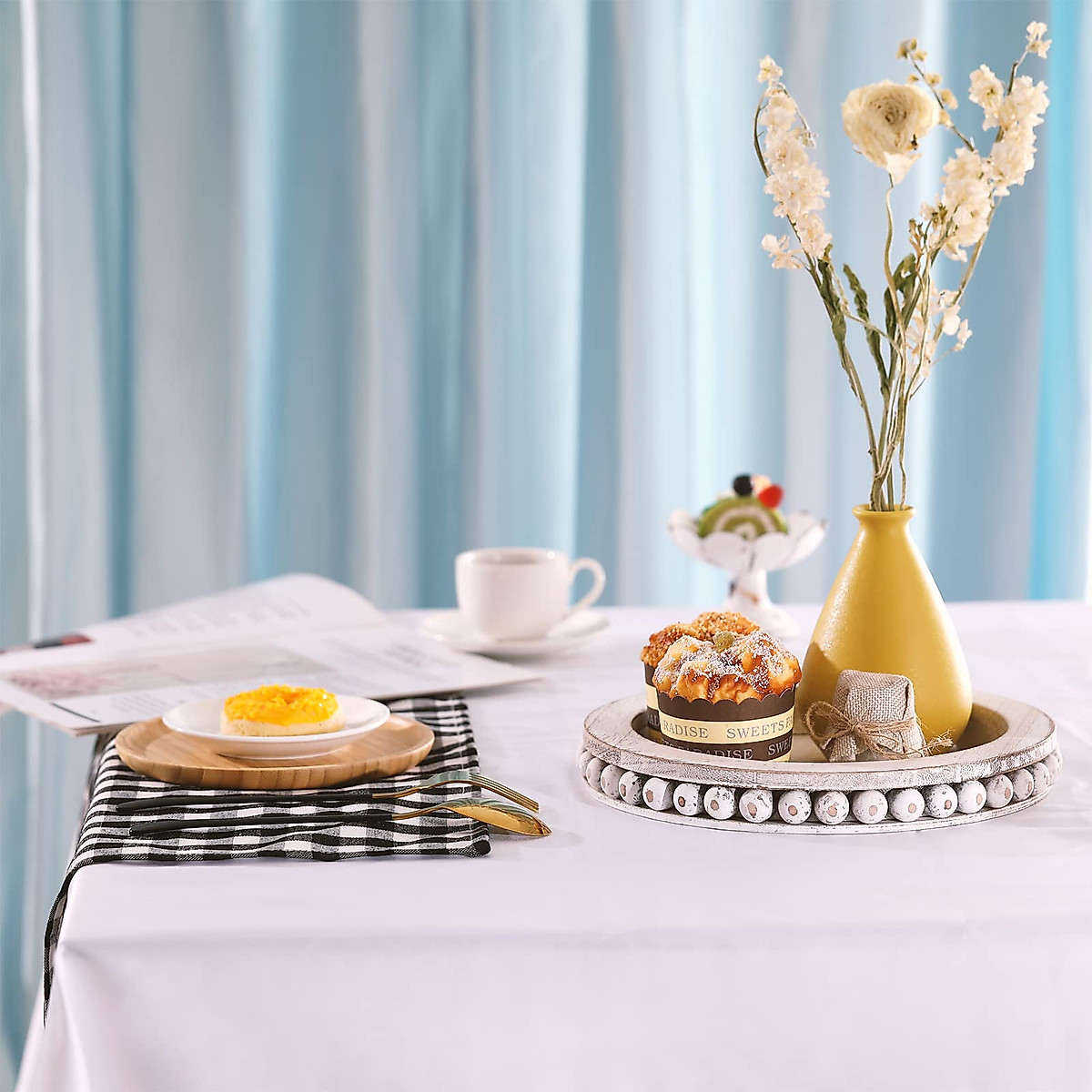 Yulejo Round Rustic Wood Beaded Tray, White, 9.84 in Diameter