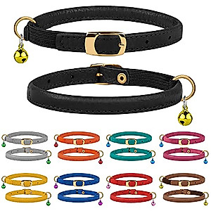 Murom Rolled Leather Cat Collar with Elastic Strap Safety Adjustable Pet Collars for Cats Kitten Yellow Red Pink Blue Orange Brown Gray (Black)