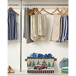 Christmas Storage Bins, Christmas Truck Xmas Tree Elk Snowflake Red Green Plaid Storage Baskets for Organizing Closet Shelves Clothes Decorative Fabric Baskets Large Storage Cubes with Handles