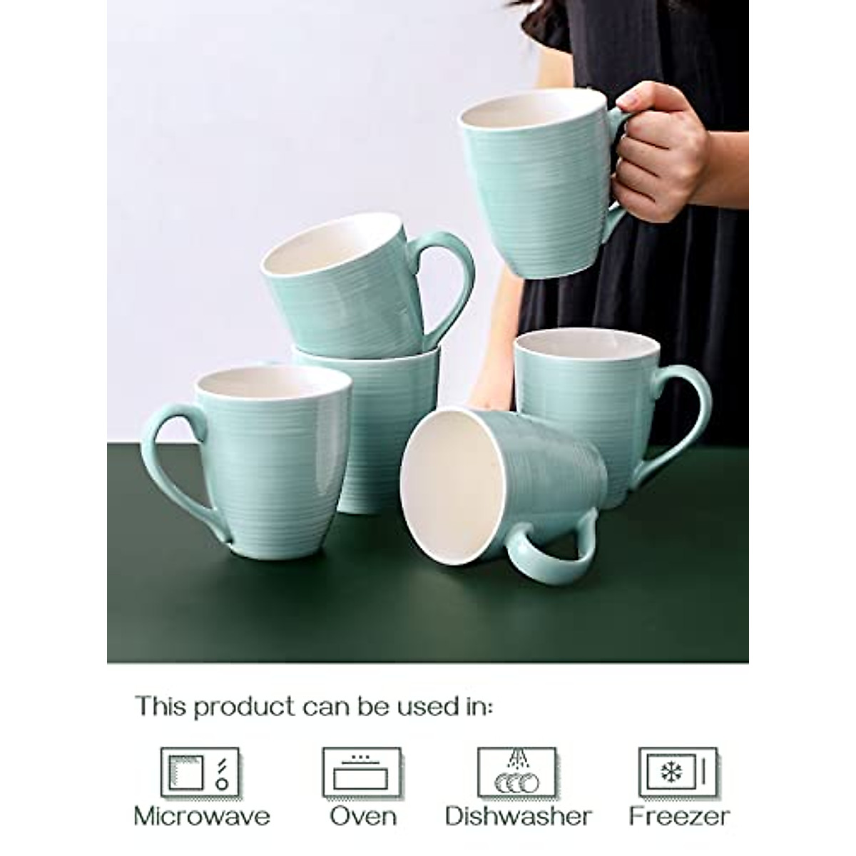 DOWAN Coffee Mugs, Coffee Mugs Set of 6, 17 Oz Ceramic Coffee Cups with Handle, Large Coffee Mug, Ceramic Mugs for Coffee Tea and Cocoa Turquoise