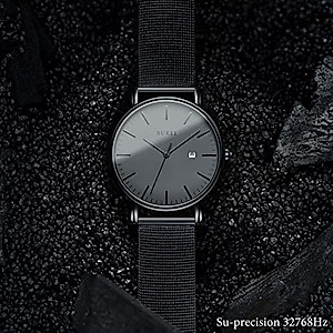 BUREI Men's Fashion Minimalist Wrist Watch All Black Waterproof Watches Simple Ultra Thin Watches Analog Quartz Date with Stainless Steel Mesh Band