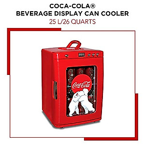 Coca-Cola Polar Bear 28 Can Cooler/Warmer w/ 12V DC and 110V AC Cords, 25L (28 qt) Portable Mini Fridge w/Display Window, Travel Refrigerator for Snacks Lunch Drinks, Desk Home Office Dorm, Red