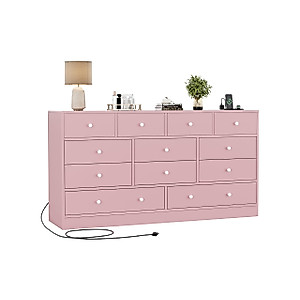 GarveeHome 12 Drawer Dresser for Bedroom, 61 Inch Wood Dresser with Power Outlet, Wide Dresser Chest of Drawers for Living Room, Hallway, Tall Dressers with Smooth Metal Rail, Large Storage, Pink