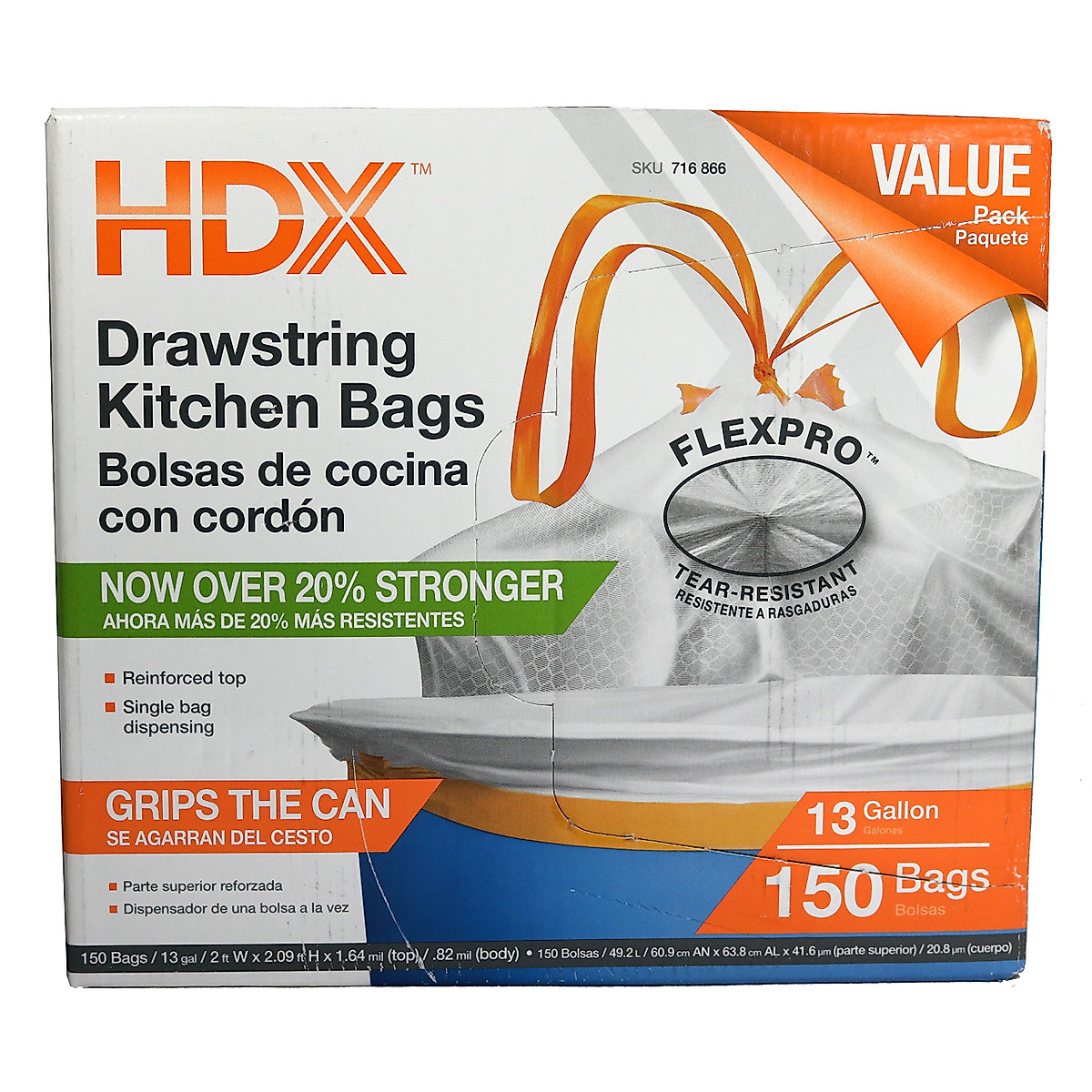 HDX 716866 13-Gallon Drawstring .9 Mil Tear Resistant Expandable Kitchen Trash Bag w/ Dispensing Container (150 Count) [Packaging May Vary]