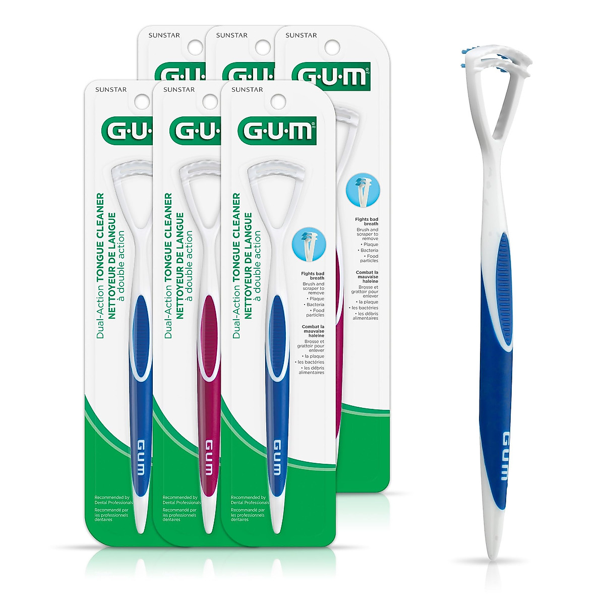 GUM Tongue Cleaner - Dual Action Soft Bristled Tongue Brush with Tongue Scraper for Better Oral Hygiene - Bad Breath Treatment (6pk)