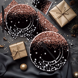 Xigejob Rose Gold And Black Party Decorations Tableware - Rose Gold Party Supplies, Plate, Cup, Napkin, Cutlery, Glitter Diamond Theme Rose Gold Black Wedding Bridal Shower Birthday Decor | Serve 24