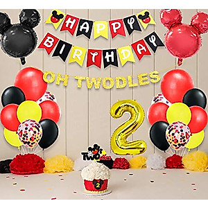 Happy 2nd Birthday Balloon Set Mouse Themed Decoration – Oh Twodles Banner and Cake topper Party Supplies Gold Red