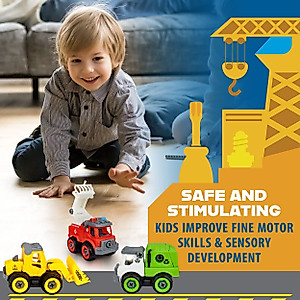 Flybar Power Gearz Take Apart Toy with Screwdriver and Screws- 3 Pack Truck Set for Boys and Girls- Fire Truck, Construction Truck, Garbage Truck- Vehicle Set - Building Toys for Kids Ages 3-5