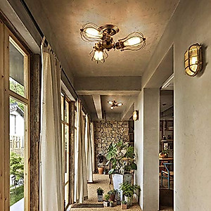 GLADFRESIT Vintage Ceiling Light 3 lights Adjustable Socket Rustic Lamp, Metal Cage Semi-Flush Mount Industrial Ceiling Light Indoor Home Retro Chandeliers Lighting Fixture