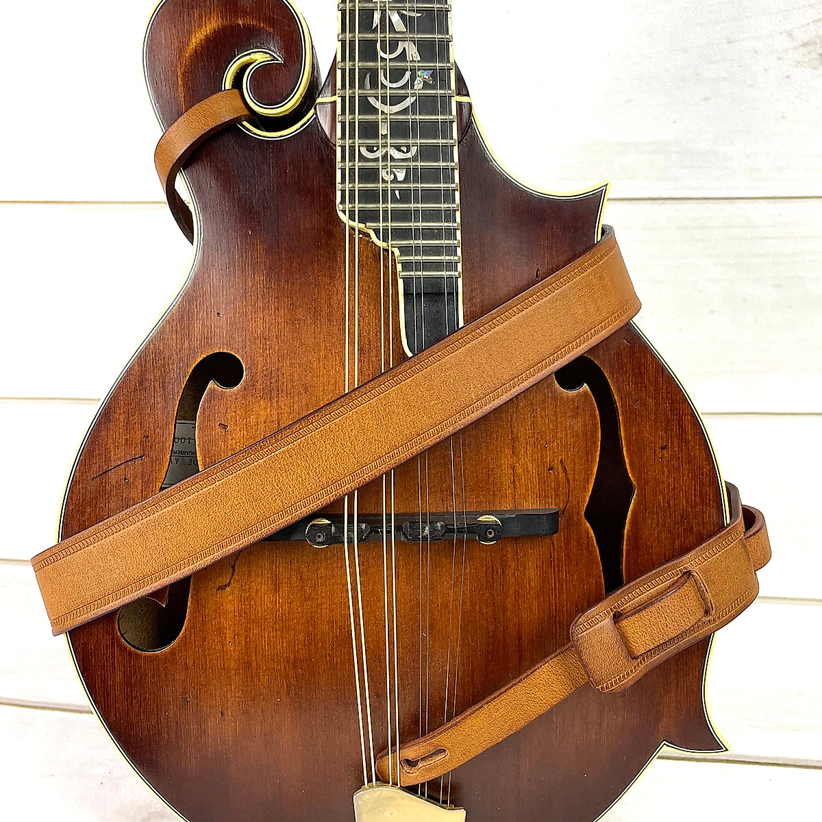 Walker And Williams M-10 Premium Retro Brown 100% Grain Leather Mandolin, Mandola, Bouzouki or Uke Strap For F And A Type Mandolins