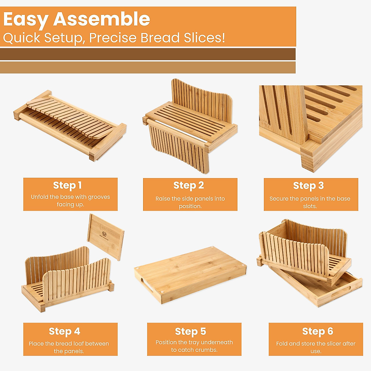 Deen Dynamics Premium Bamboo Bread Slicer for Homemade Bread, Bread Slicer with 3 Slice Thickness, Foldable bread slicer with Stainless steel knife and Compact Chopping Cutting Guide with Crumb Tray
