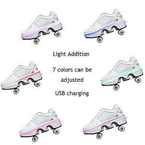 KOFUBOKE 2-in-1 Roller Skates & Sneakers Unisex Retractable Wheels Outdoor Fun & Fitness Kick Roller Shoes (low-top white with light, 9.5)