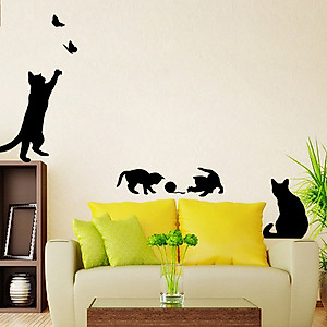 DNVEN Cats Decals Cats Playing Cathing Butterfly Silhouette Children Animals Kids Wall DIY Vinyl Removable Stickers Murals for Kids Rooms Children's Rooms Bedrooms Nursery 37 inches x 21 inches