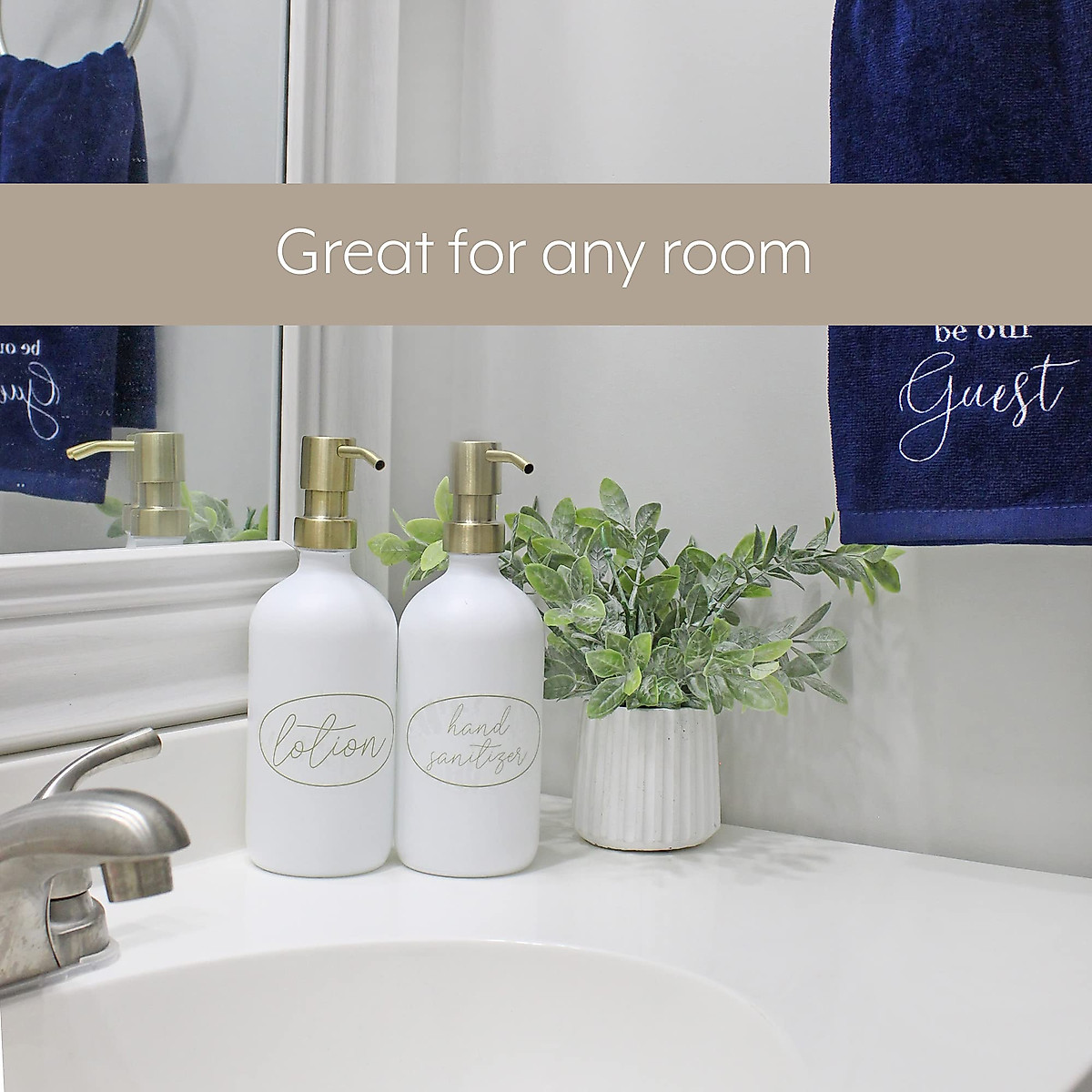 Darware 16oz Glass Pump Bottles (Set of 2, White w/Gold); Soap Dispenser Pump Bottles with Brushed Metal Pump Tops