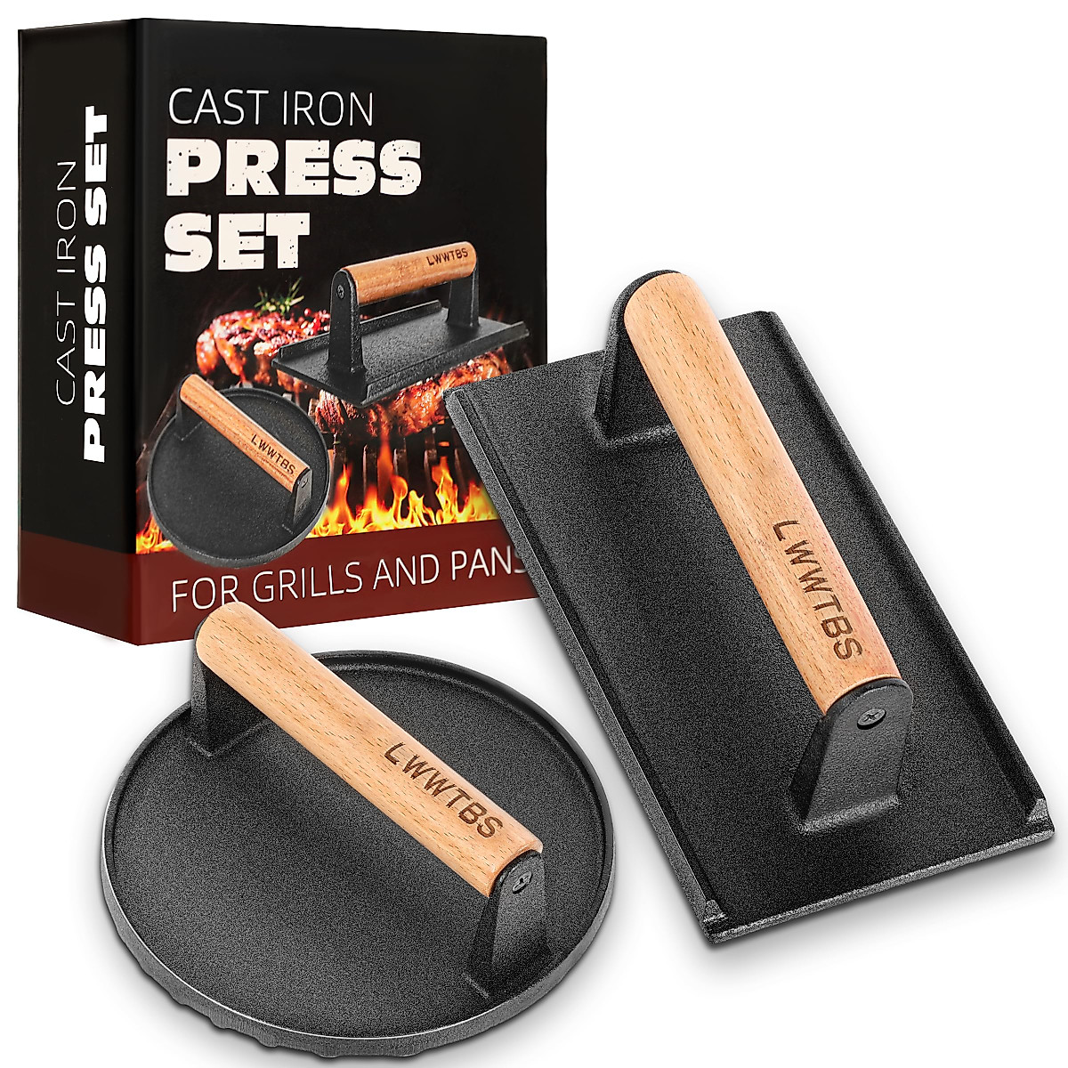 LWWTBS Burger Press Heavy-Duty Cast Iron Smashed Meat Steak Weight Grill Griddle Press (7" Round & 8.2"X4.3" Rectangle) with Wood Handle for Blackstone Griddle