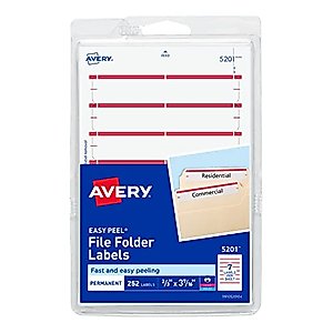 Avery File Folder Labels on 4" x 6" Sheets, Easy Peel, White/Red, Print & Handwrite, 2/3" x 3-7/16", 252 Labels (5201)