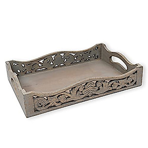 GoCraft Handmade Wooden Tray with Handles | Wood Ottoman Tray, Serving Tray for Breakfast in Bed, Tea, Coffee with Cutout Handles | Grey Washed Finish, Lattice Design (15" X 10" x 3")
