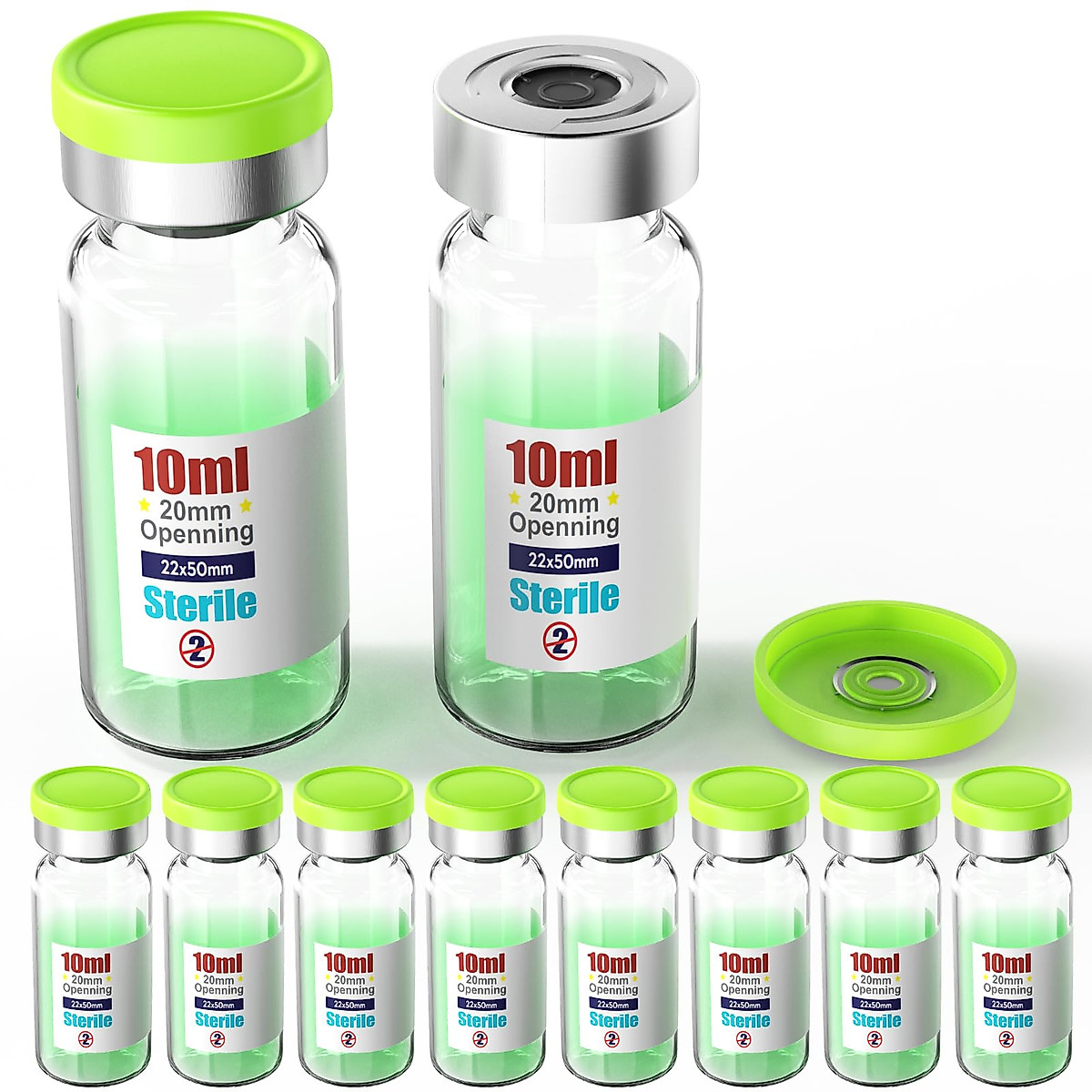 Sterile Empty Vial Sealed with 20mm Self Healing Injection Port and Burr Free Tear Off Plastic Aluminum Cap,Borocilicate Glass Sample Vial with Pull Ring Cover (Clear, 10mL)