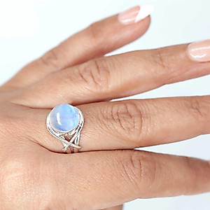 JEWELOPORIUM 925 Silver Ring for Women Size 8 White Real Rainbow Moonstone Stone Solitaire Silver Ring Christmas - Gift Costume Jewelry