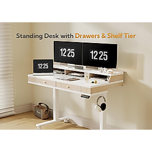 Claiks Standing Desk with Drawers, Electric Adjustable Standing Desk Adjustable Height, Sit Stand Up Desk with Storage Shelves & Wheels, 48 Inch White