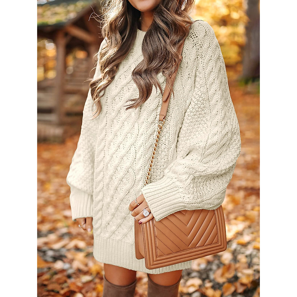 ANRABESS Women Long Sleeve Oversized Cable Knit Chunky Baggy Loose Pullover Tunic Mini Sweater Dress 2025 Trendy Fall Outfits Beige Large