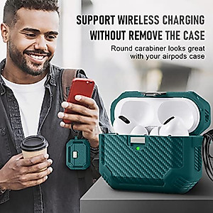 Youskin Airpod Pro Case Cover With Secure Lock Clip,Military Armor Series Full-Body Shockproof Hard Shell Protective for Men Women with Keychain Carabiner,Carbon Fiber Airpod Case for AirPod Pro,Green