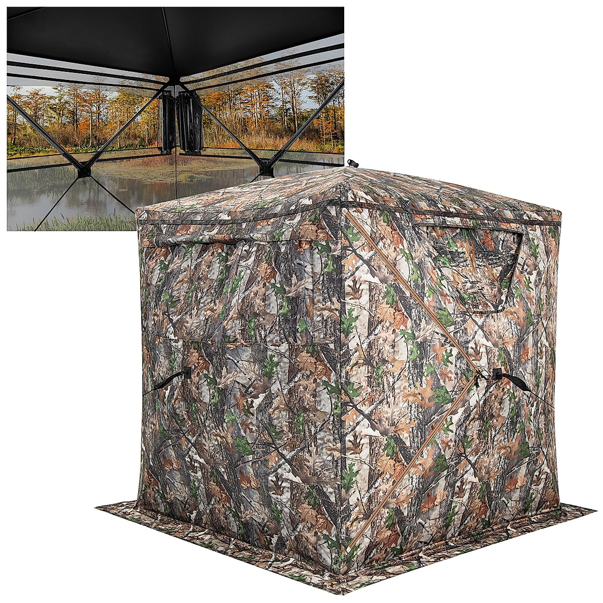 HAPPYGRILL Hunting Ground Blind for 2-3 Person, 270° See Through Hunting Blind with Storage Bag, Panoramic Window, Silent Window Slide, Portable Pop Up Blind Hunting Tent