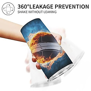 FHENMSA Stainless Steel Insulated Travel Coffee Mug,Ice And Fire Volleyball Print Reusable Car Cup,Thermal Cup for Outdoor with Straw And Lid