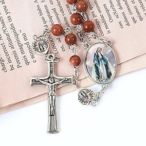 Nazareth Store Natural Goldstone Beads with Miraculous Epoxy Heart Metal Beads Rosary Necklace Gemstone Christian Gifts