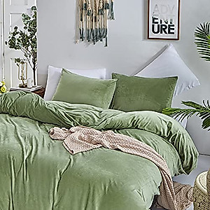 Luxlovery Sage Green Flannel Duvet Cover Set Queen Velvet Fluffy Bedding Cover Sets Light Green Soft Warm Comfy 3 Piece Bedding Cover Set with 2 Pillowcases