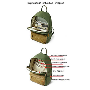 Daiblueland Casual Daypack Backpack For Women Unisex Large Lightweight Travel Rucksack With Leather Pockets(Army Green) (BACK-001)