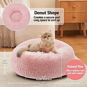 OhGeni Calming Donut Dog & Cat Bed, Machine Washable Plush Warming Bed, Anti-Slip Round Cuddle Comfort Pet Bed, Cozy Fluffy Faux Fur Bed for Small Dogs, Pink, 20 inches