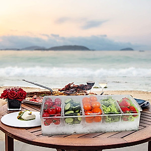 MorTime Ice Chilled Condiment Server with 5 Removable Compartments, Clear Sauce Caddy Serving Tray Container with Lid, Set of 5 Serving Spoons & 3 Tongs Included