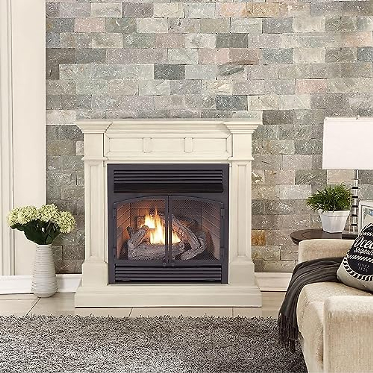 Duluth Forge Dual Fuel Ventless Gas Fireplace System with Mantle, Remote Control, 6 Fire Logs, Use with Natural Gas or Liquid Propane, 32000 BTU, Heats up to 1500 Sq. Ft., Antique White