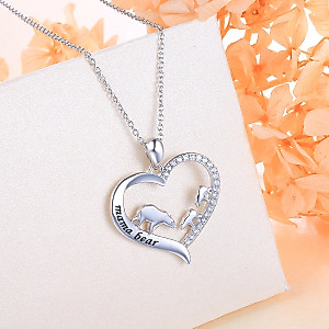 DAOCHONG Mother and Child S925 Sterling Silver Mama Bear with Cub Heart Pendant Necklace for Family (2 cubs)