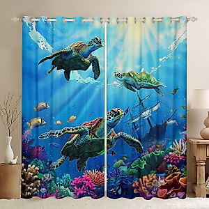 Manfei Kids Sea Turtle Window Curtains Colorful Coral Seaweed Fish Window Drapes for Boy Girls Room Decor, Marine Life Window Treatments Grommet Top 2 Panel Set Bedroom Curtains, 38Wx54L inch