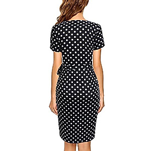 Lyrur Women's Vintage Polka Dot Black Wrap Dresses Knee Length Short Sleeves Sheath V Neck Casual Party Work Dress(L,9069-Black Dot)