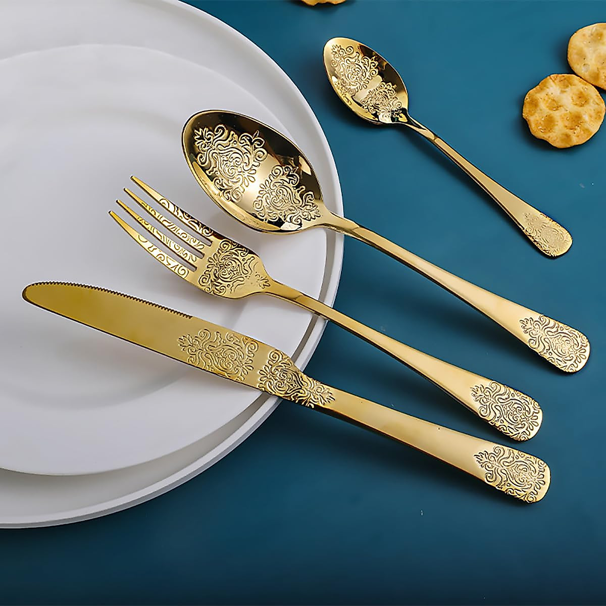 Cutlery Set for 6 Sterling Silver Silverware Set Forks Utensil Sets 24-PCS Apartment Essentials Kitchen Utensils Set Mirror Polished Glyphs Durable Ergonomic Dishwasher Safe Family Gatherings Silver