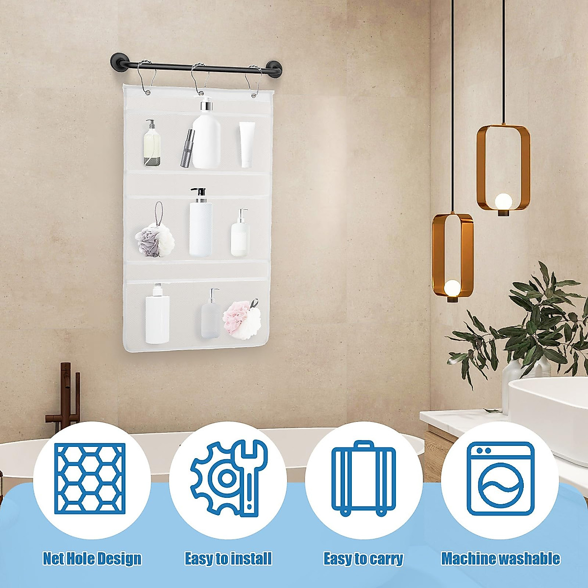 kaimenhong Mesh Hanging Caddy Organizer with 8 Pockets, Hanging Shower Organizer with Quick Drying Mesh, Shower Caddy or Bathroom Organizer to Hold Shampoo, Soap, Loofah, 25.5×14.5in (2 PCS)