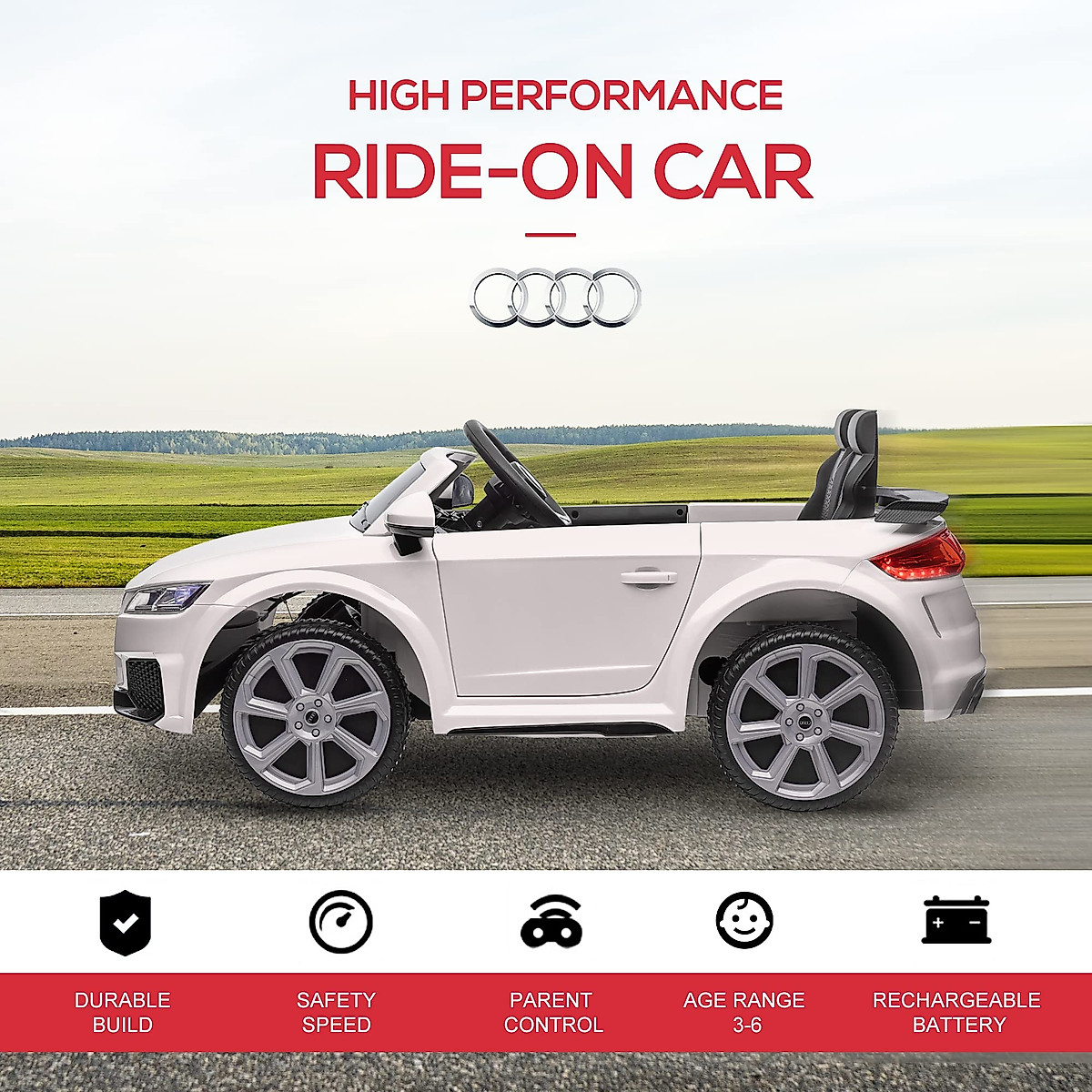 Aosom 6V Kids Electric Ride On Car, Licensed Audi TT RS with Suspension System and Remote Control, Horn, 5 Songs, Lights, MP3 Player, White