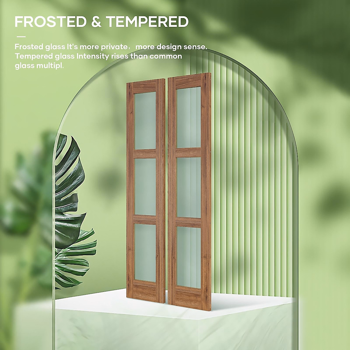 FREDBECK Double 18 x 84 inch Glass Barn Doors 36inch Barn Door with 6.6FT Hardware Kit & Handle Included,3-Panel Frosted Glass,LVL Wood Panel,Water-Proof PVC Surface,Pre-Drilled Holes,Need Assembly